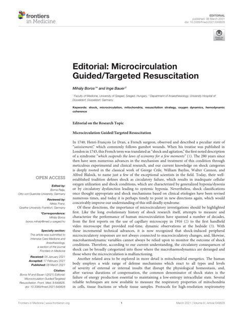 Pdf Editorial Microcirculation Guidedtargeted Resuscitation