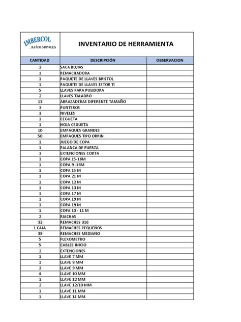Inventario De Herramienta Pdf Perforar Herramientas