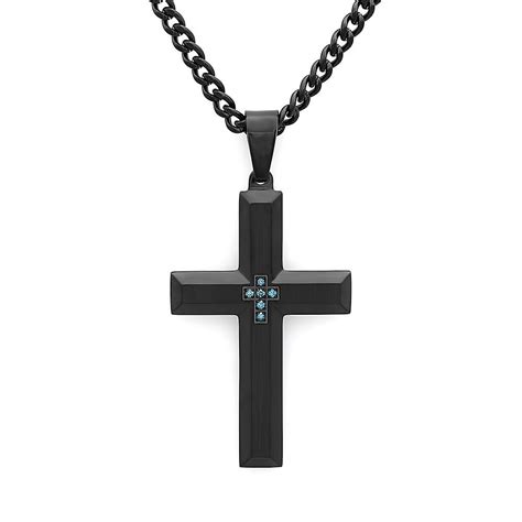 Mens Blue Diamond Cross Pendant In Stainless Steel Blue Diamond