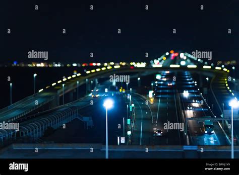 A Night Miniature Traffic Jam On The Highway At Tokyo Bay Area Stock