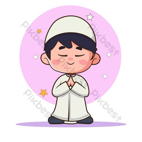 Muslim Na Batang Lalaki Na Nagdarasal Ng Vector Ilustrasyon Konsepto Ng
