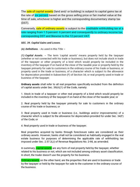 Definitions Of Capital Assets And Ordinary Assets Pdf Capital Gains