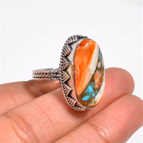Orange Spiny Oyster Turquoise Ring 925 Sterling Silver Statement Rings
