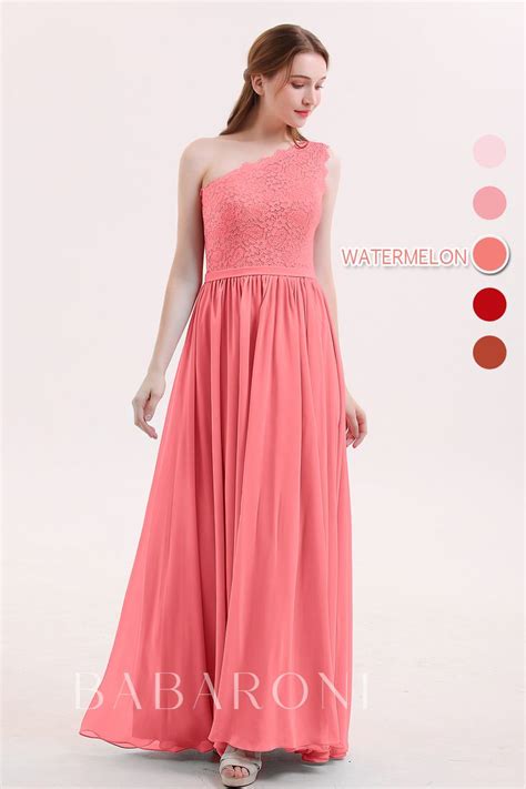 Babaroni Chiffon Watermelon Bridesmaid Dresses One Shoulder Floor