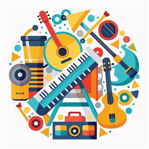 Colorful Musical Instruments And Geometric Shapes Arranged In A