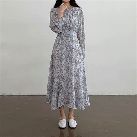 포런 루즈핏 플라워 쉬폰 핀턱 롱 원피스 2color 봄원피스벚꽃샤랄라하객룩여신원피스여름원피스 에이블리