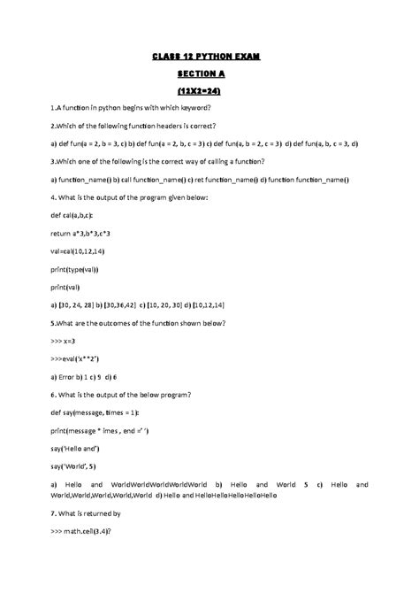 Class 12 Python Exam 2 Question Class 12 Python Exam Section A 12