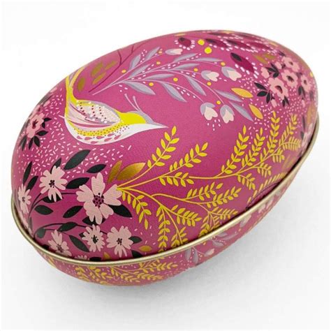 Fuchsia Fancy Floral And Bird Metal Easter Egg Tin ~ 4 1 4 Tall