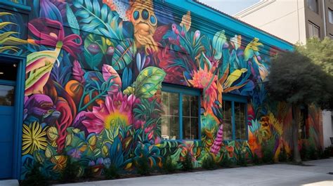 Premium Ai Image A Mural Of Tropical Plants And Flowers Is Painted On