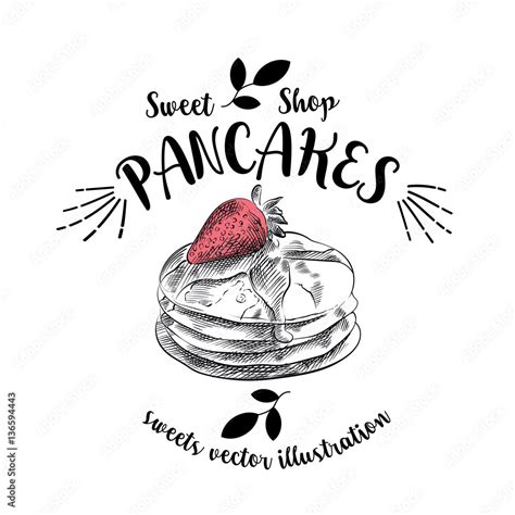 Hand Drawn Sketch Pancakes And Strawberry Isolated On A White
