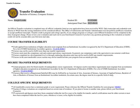 Transcript Evaluation Results Transfer Evaluation Bachelor Of Science Computer Science Name