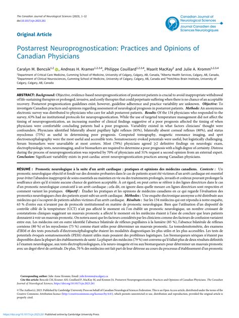 Pdf Post Arrest Neuroprognostication Practices And Opinions Of Canadian Physicians