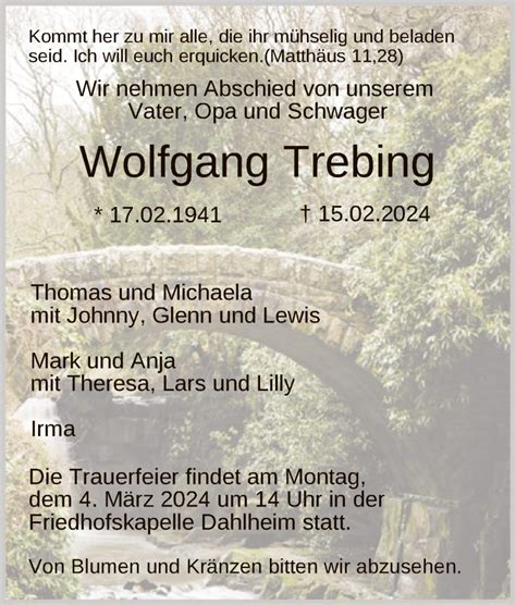 Traueranzeigen Von Wolfgang Trebing Trauer Hna De