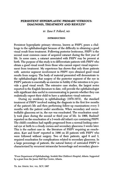 Pdf Persistent Hyperplastic Primary Vitreous Diagnosis Treatment And Results