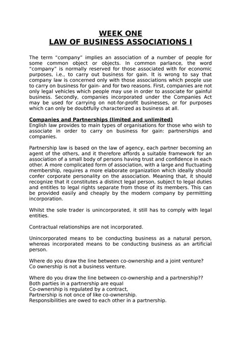 Week One Ba First Week Lecture Notes Week One Law Of Business Associations I The Term