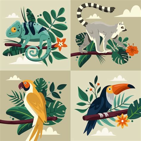 Premium Vector Flat Exotic Flora And Fauna Square Illustration Collection