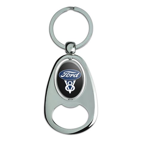 Ford Vintage V8 Logo Keychain Chrome Metal Spinning Oval Bottle Opener