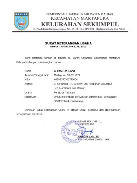 Detail Surat Keterangan Usaha Kelurahan Koleksi Nomer 20