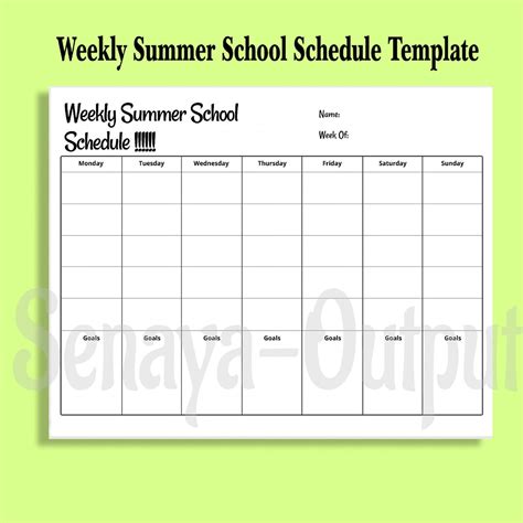 Weekly Summer School Schedule Template Planner Middle School High
