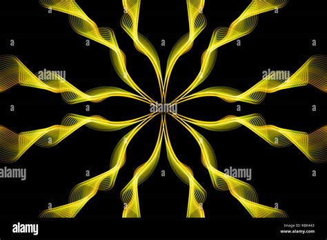 Abstract Motion Graphics With Colored Yellow Spirals And Fractals On A Black Background