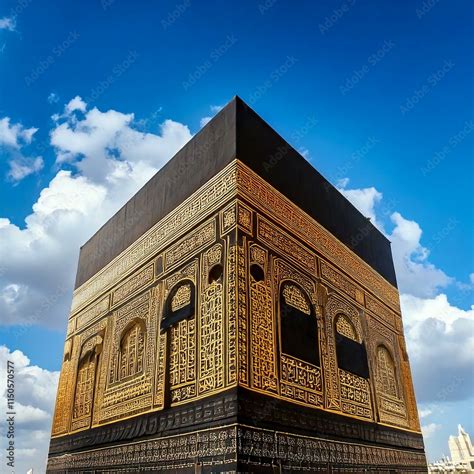 Iconic View Of The Kaaba In Mecca Under A Vibrant Blue Sky Highlighting The Golden Kiswah