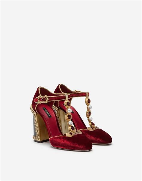 Dolce And Gabbana Velvet T Strap Embroidered Pumps Burgundy And Gold
