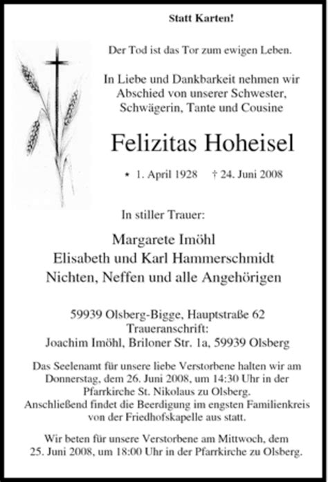 Traueranzeigen Von Felizitas Hoheisel Trauer In Nrw De