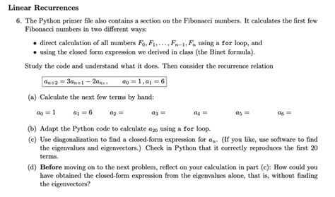 Solved Linear Recurrences 6 The Python Primer File Also Contains A