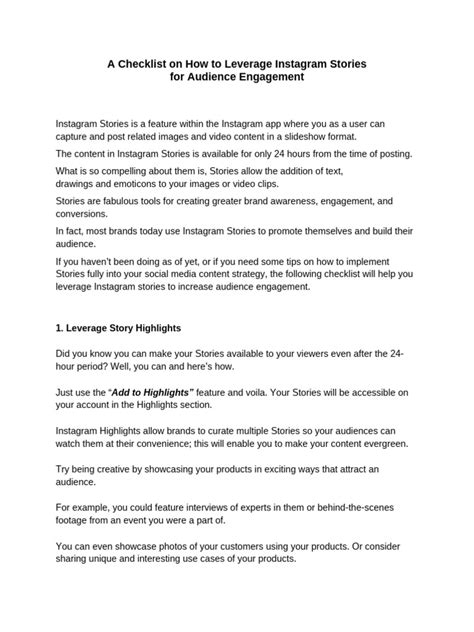 Instagram Stories Engagement Checklist Pdf World Wide Web