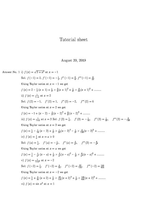 1 Calculus Tutorial Sheet Solutions Tutorial Sheet August 20 2019