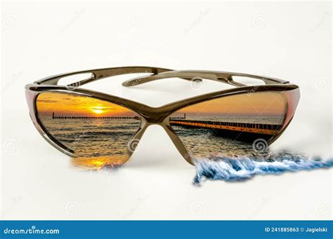 Sunglasses Sunset Over Sea Reflection And Water With Glasses Stock