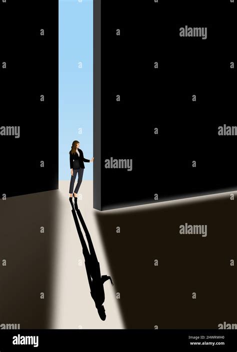 a woman in business attire pushes open a huge door to explore a new