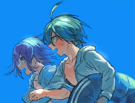 Safebooru 2boys Ahoge Blue Background Blue Hair Blush Collarbone