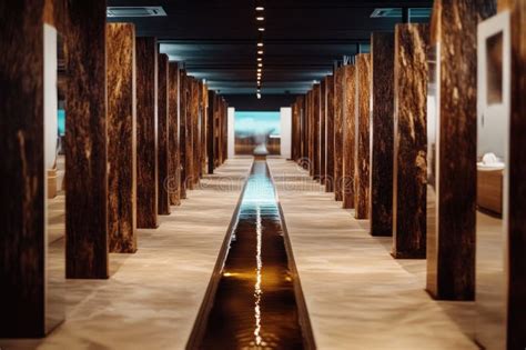 Modern Architectural Interior With Symmetrical Wooden Columns And