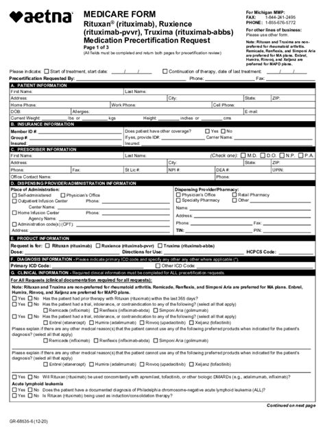 Fillable Online Aetna Rx Michigan Medicare Form Ruxience Pvvr Truxima Abbs