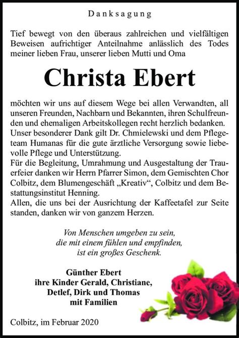 Traueranzeigen Von Christa Ebert Abschied Nehmende