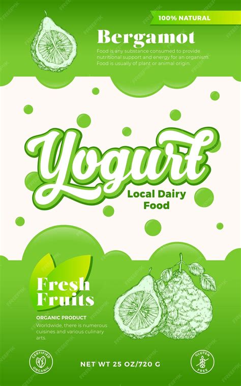 과일 및 딸기 요구르트 레이블 템플릿 추상 벡터 유제품 포장 디자인 레이아웃 거품과 손으로 그린 베르가못 스케치 실루엣 배경이