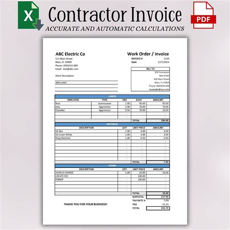 Construction Invoice Template Contractor Invoice Editable Invoice