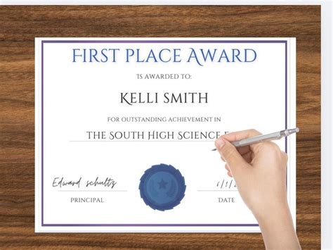 Editable First Place Award Certificate Templateprintable Trophy