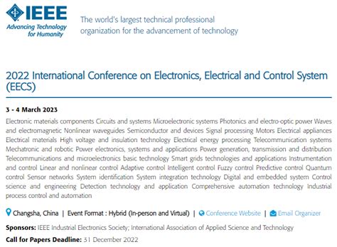 【ei检索丨ieee出版】电子、电气与控制系统国际会议（eecs） 知乎