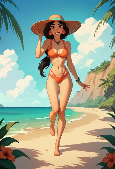 A Cartoon Girl In A Bikini And Hat Walking On A Beach Seaart Ai