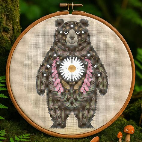 Botanical Bear Floral Cross Stitch Pattern Cute Bear With Flowers