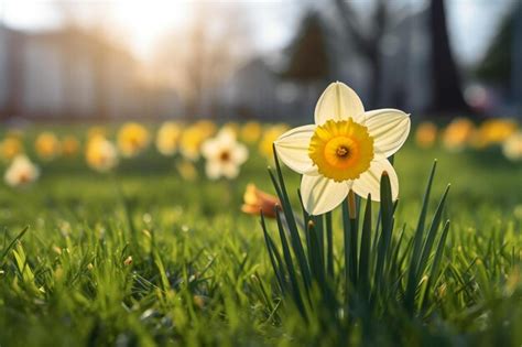 Premium Ai Image Daffodils In The Grass With The Sun Shining Through