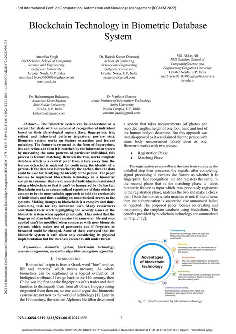 Pdf Blockchain Technology In Biometric Database System