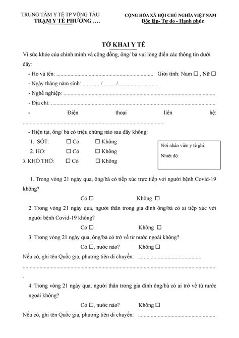 TỜ KHAI Y TẾ TEST Covid Lecture notes TRUNG TÂM Y TẾ TP VŨNG TÀU TRẠM Y TẾ PHƯỜNG