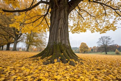 Huge Trunk Of A Cherry Tree Full Of Yellow Leaves On The Ground Stock Image Image Of Huge