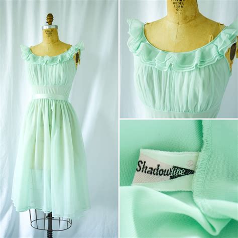 1950s Nightgown Shadowline Triple Layer Mint Nylon Chiffon Nightgown