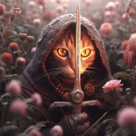 Premium Photo A Cat With A Sword And A Sword In The Grass