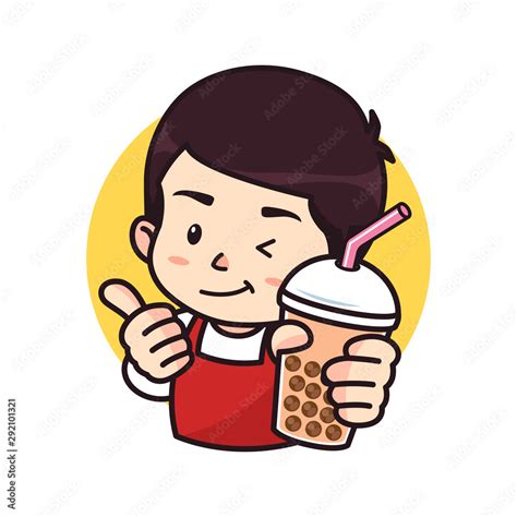 Cute Chibi Boy Presenting Bubble Tea Logo Mascot Illustration Stock