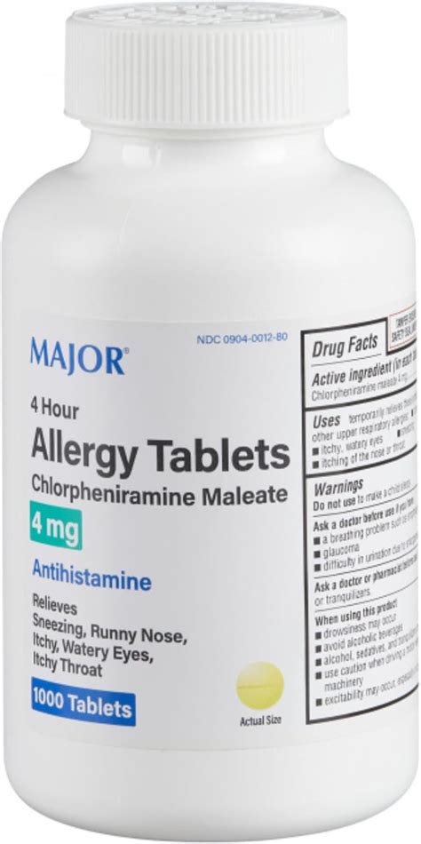 Major 4 Hour Allergy Tablets Chlorpheniramine Maleate 4